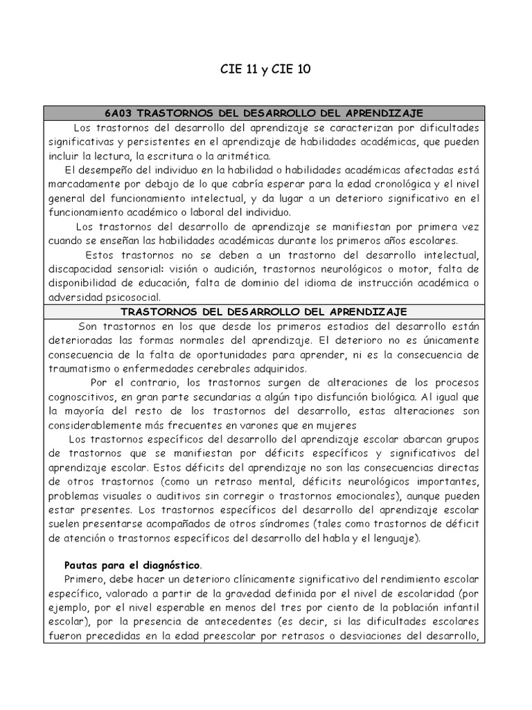 Trastornos Del Desarrollo Del Aprendizaje CIE! 11 | PDF | Discapacidad intelectual | Aprendizaje