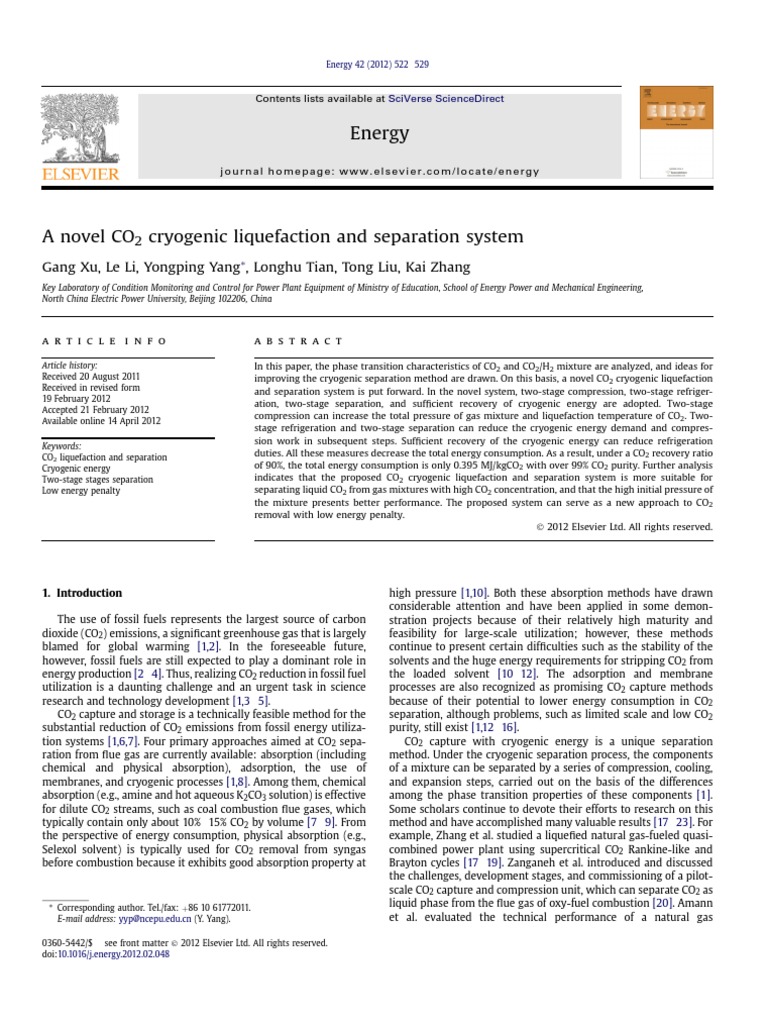 Cryogenic CO2 Separation System with Low Energy Penalty | PDF | Refrigeration | Carbon Dioxide