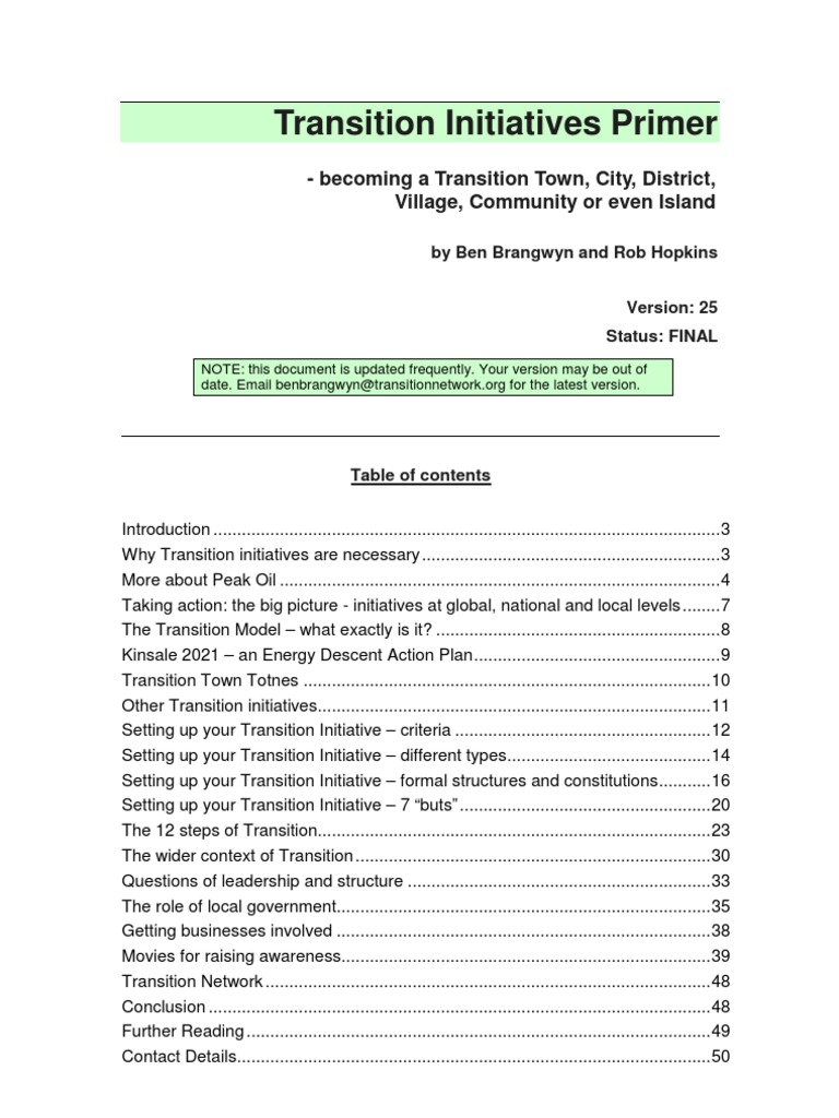 Transition Initiatives Primer | PDF | Peak Oil | Resource Depletion
