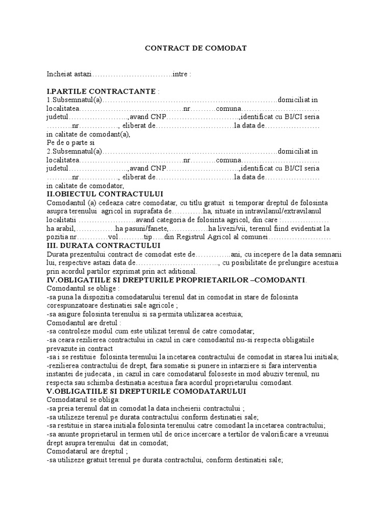 Contract de Comodat Tip. | PDF