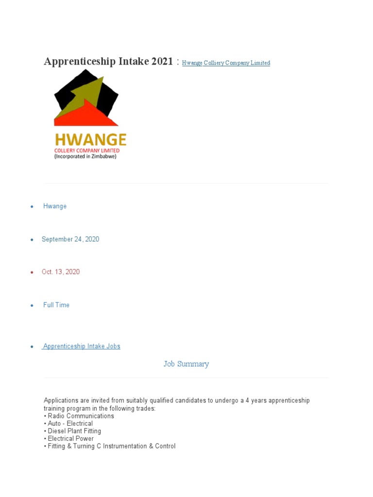 Hwange Colliery Company Apprenticeship Intake 2021 | PDF