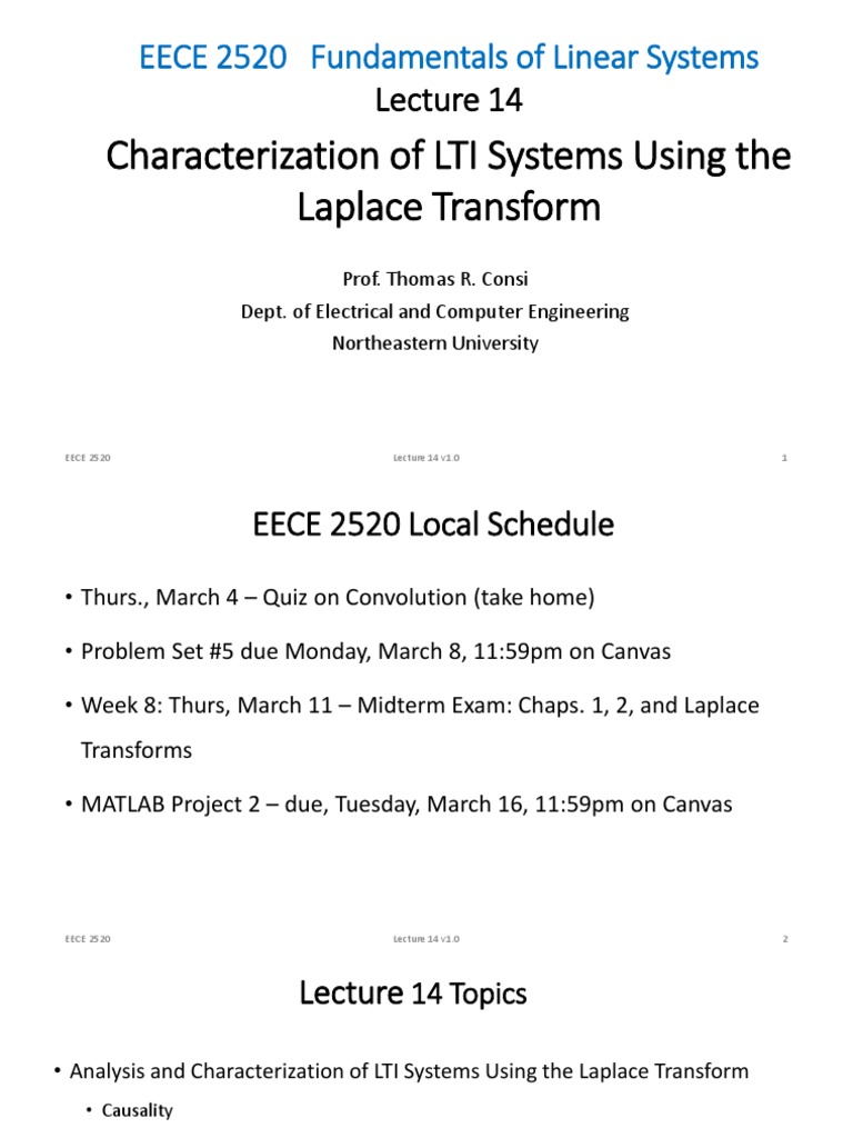 Lec 14 - Characterization of LTI Systems Using The Laplace Transform v1.0 | PDF | Laplace ...