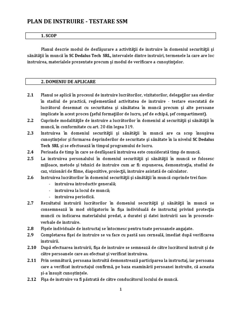 Plan de Instruire Testare SSM | PDF