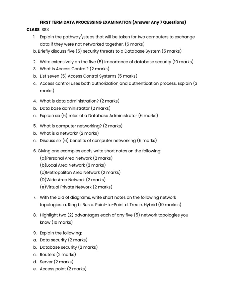 First Term Data Processing Examination (Answer Any 7 Questions) Class ...