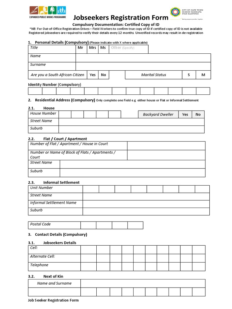 Jobseeker Registration Form South Africa | PDF