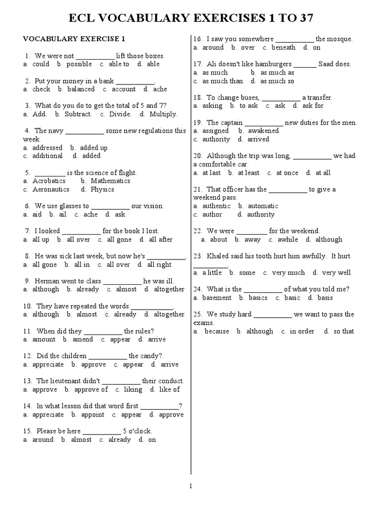 ECL - Vocabulary Exercises - 925 Questions | PDF | Meal