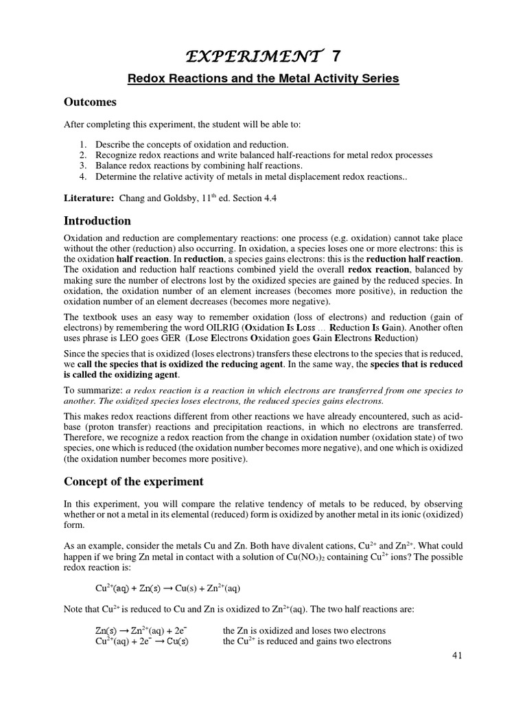 Experiment 7: Redox Reactions and The Metal Activity Series Outcomes ...
