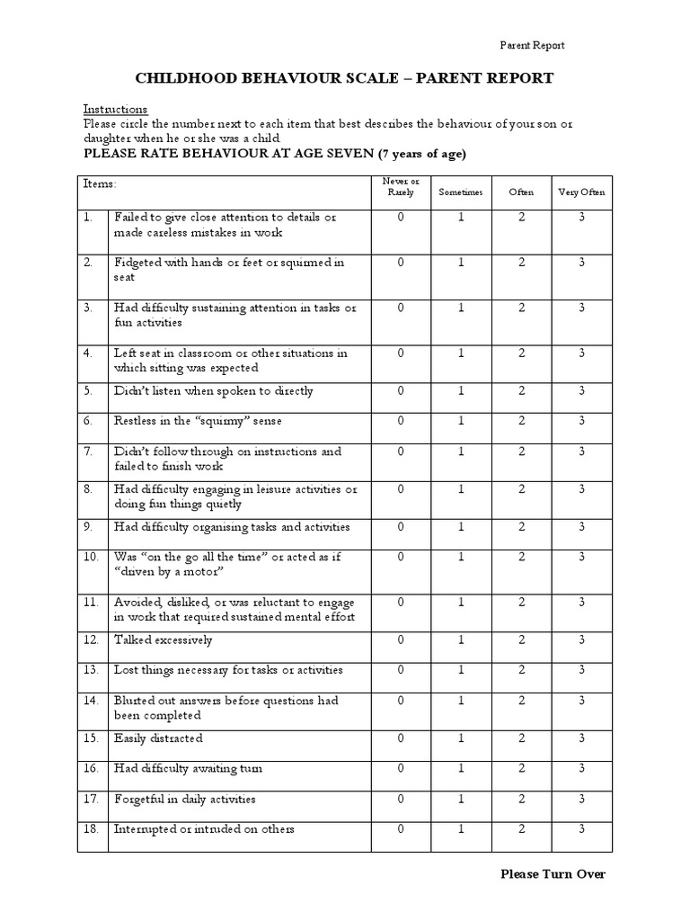 Childhood Behaviour Scale - Parent Report: Please Rate Behaviour at Age Seven (7 Years of Age ...