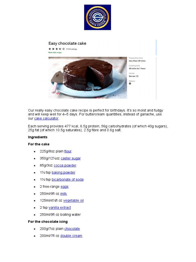 Cake Calculator: Ingredients For The Cake | PDF