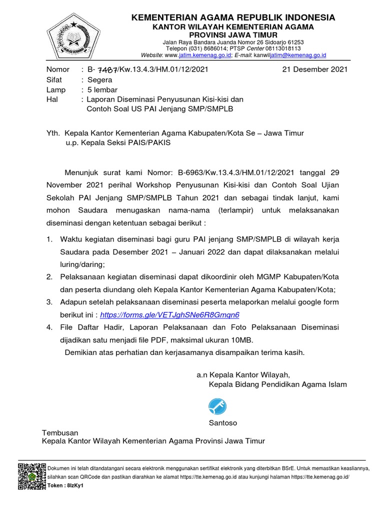 Laporan Diseminasi Penyusunan Kisi-Kisi Dan Contoh Soal US PAI Jenjang SMP | PDF
