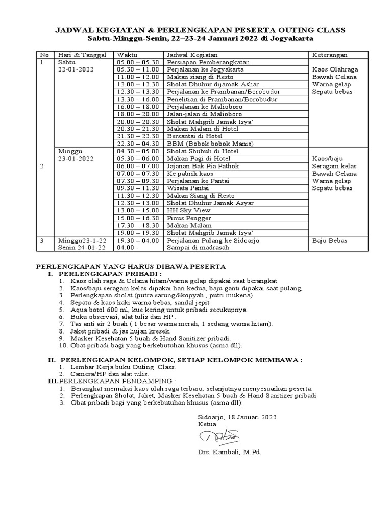 Jadwal Outing Class | PDF