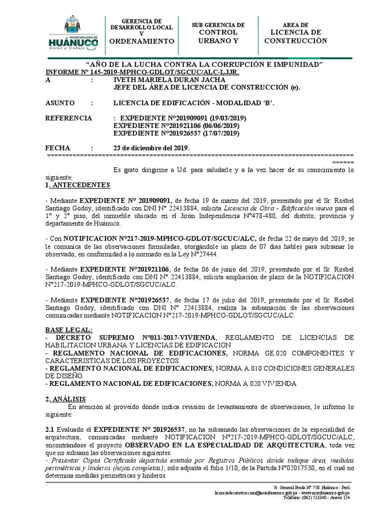 Informe N°145-2019 - Licencia de Edificacion Modalidad B - Santiago Godoy Rosbel | PDF | Bienes ...