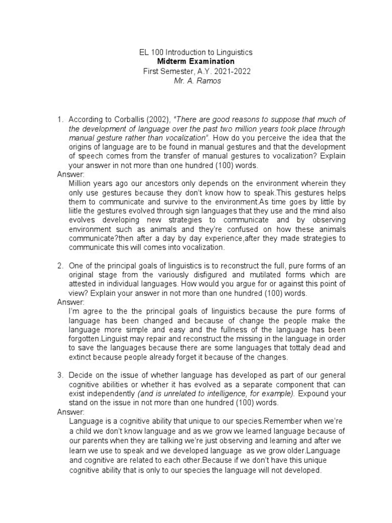 EL 100 Linguistics Midterm Exam Guide | PDF | Gesture | Linguistics