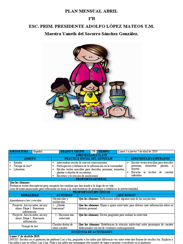 Plan Abril Mtra. Yaneth 1ºB | PDF | Sustracción | Evaluación