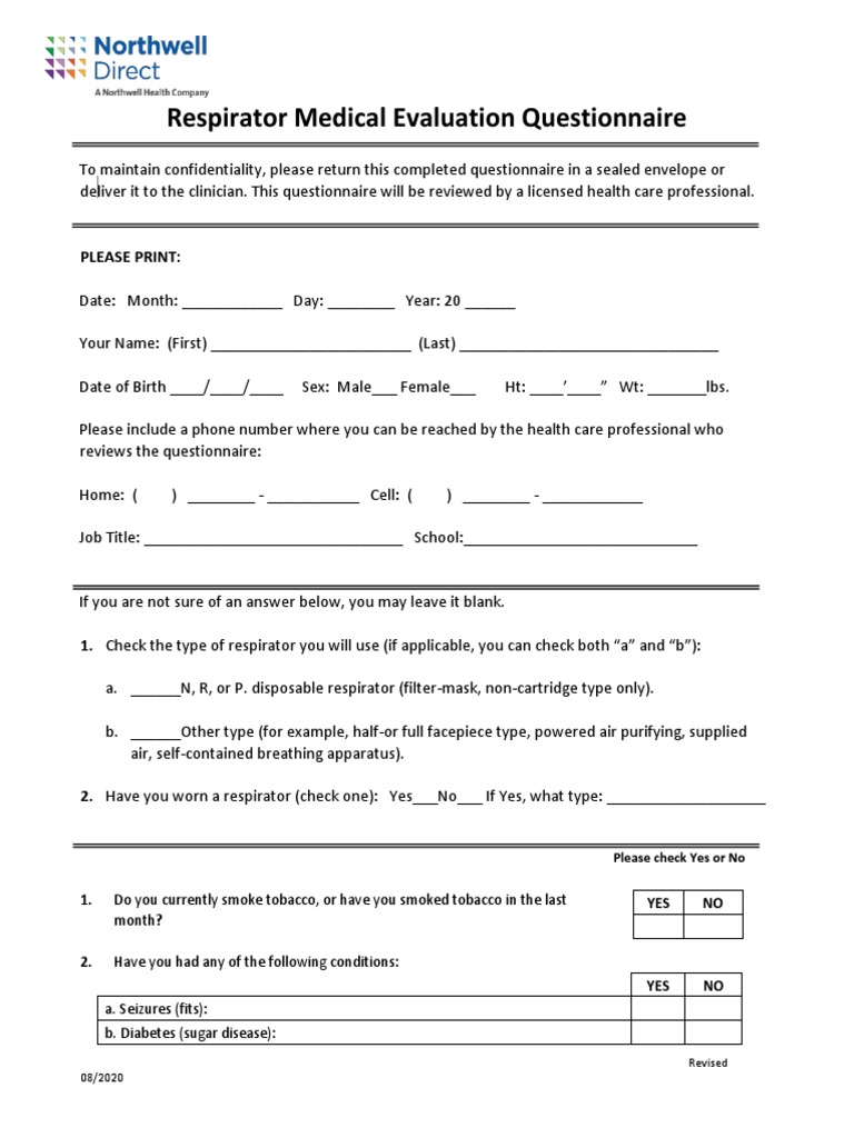 Northwell Direct - Respirator Medical Evaluation Questionnaire | PDF ...