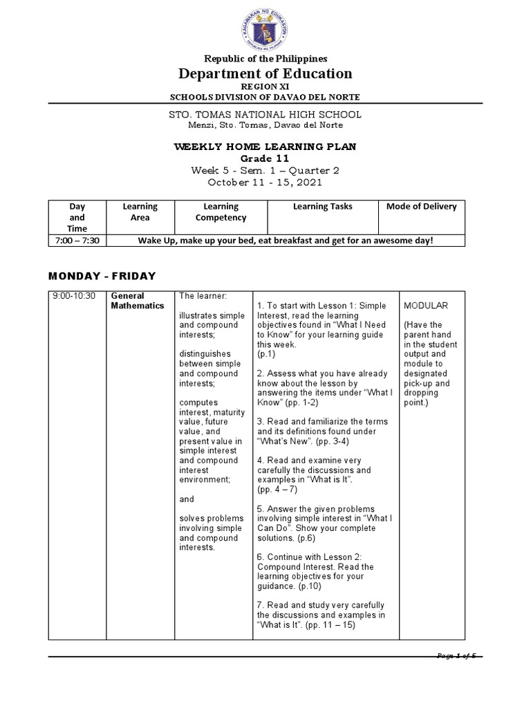 Q2 Weekly Home Learning Plan Genmath M5M6 | PDF | Learning | Cognition