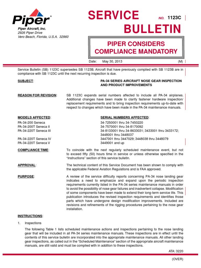 Service Bulletin: Piper Considers Compliance Mandatory | PDF | Landing ...