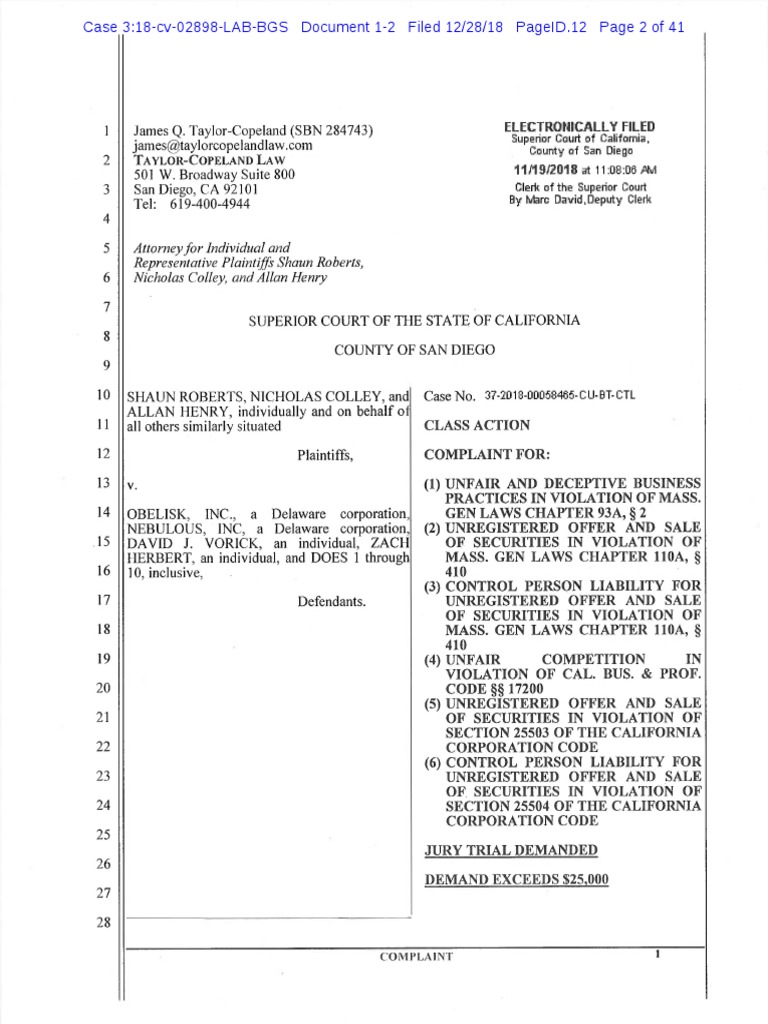 Roberts V Obelisk Et Al Complaint | Download Free PDF | Class Action ...