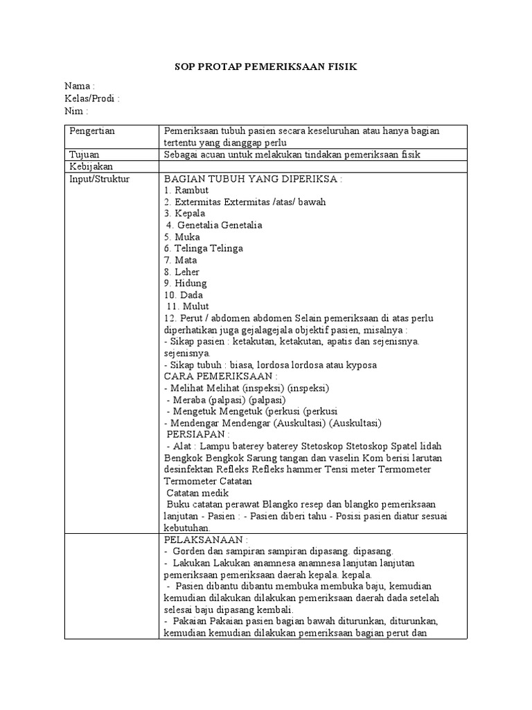 Sop Protap Pemeriksaan Fisik | PDF