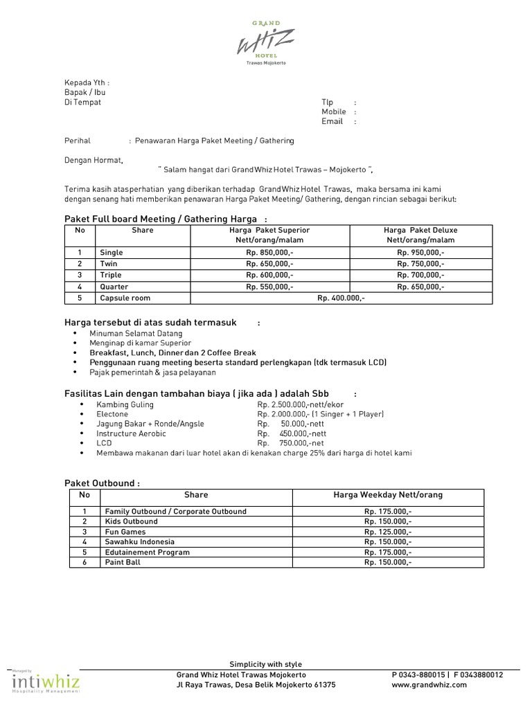 Paket Full Board Meeting / Gathering Harga:: No Share Harga Weekday Nett/orang | PDF | Food And ...