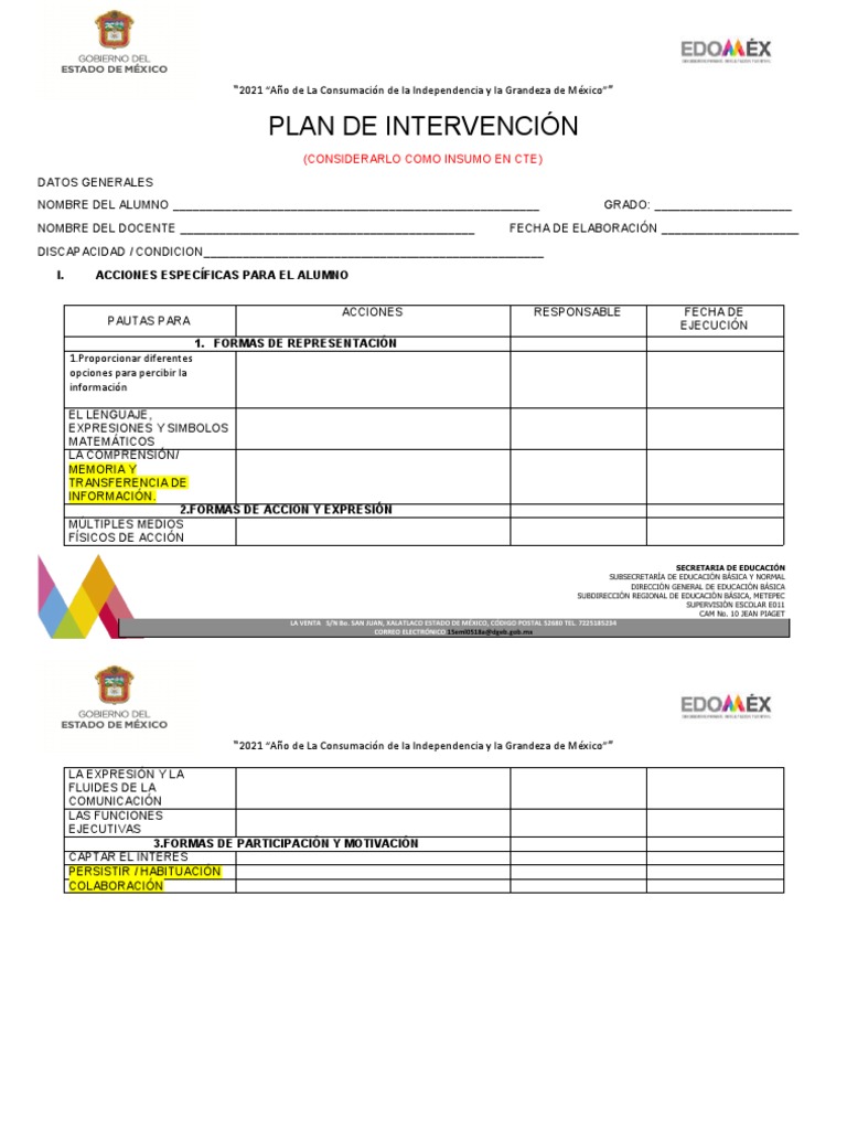 Formato Plan de Intervencion | PDF | Educación primaria | México