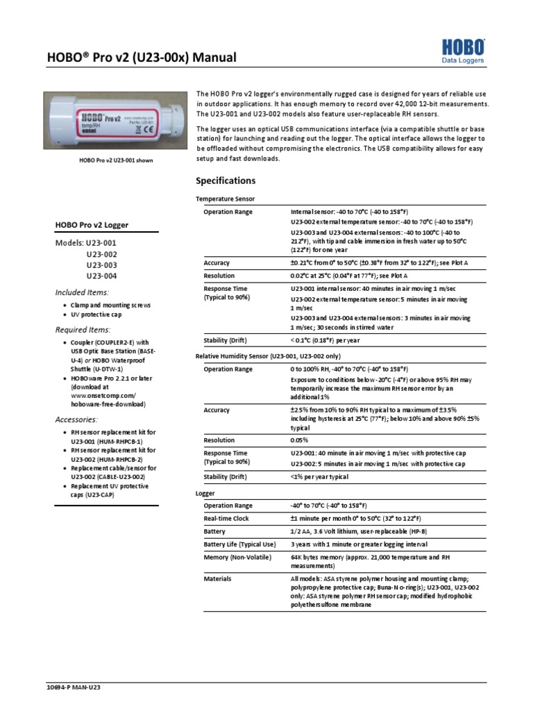 HOBO® Pro v2 (U23-00x) Manual: Specifications | PDF | Logging | Sensor