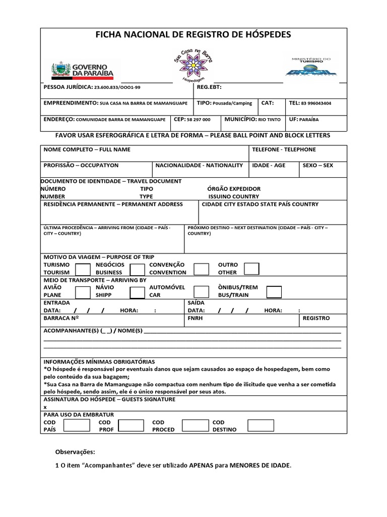 Ficha Nacional de Registro de Hóspedes | PDF