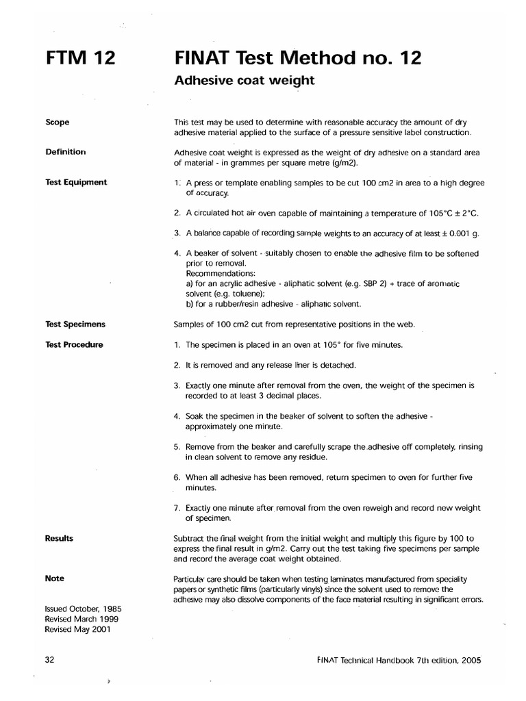FTM 12 FINAT Test Method No. 12: Adhesive Coat Weight | PDF | Adhesive ...