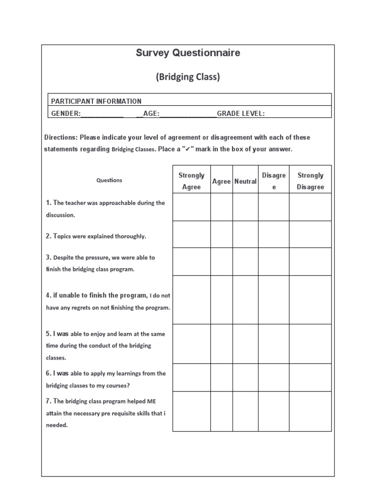 Survey Questionnaire (Bridging Class) : Questions | Download Free PDF | Cognition | Learning