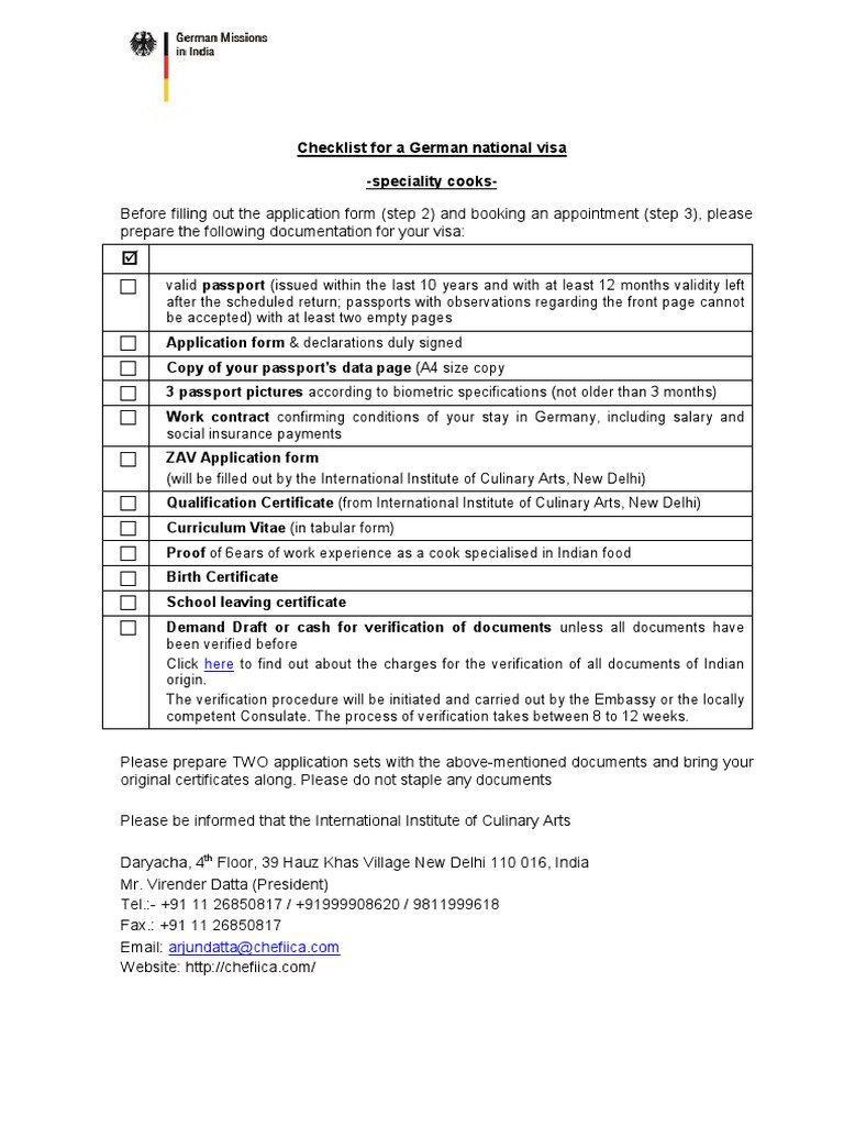 Checklist For A German National Visa - Speciality Cooks | PDF | Travel ...
