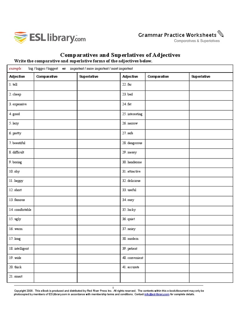 Comparatives and Superlatives of Adjectives: Grammar Practice ...