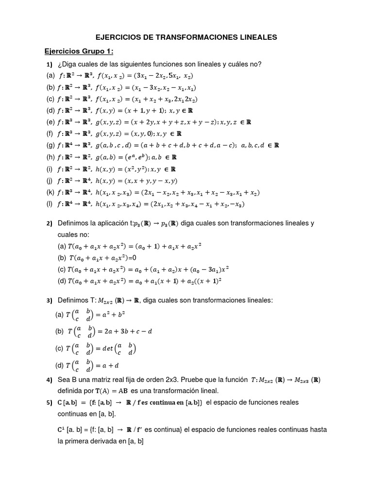 Ejercicios de Transformaciones Lineales Ejercicios Grupo 1 | PDF | Mapa lineal | Base (álgebra ...