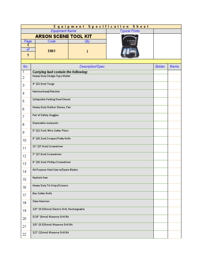 Arson Scene Tool Kit: Equipment Specification Sheet | PDF