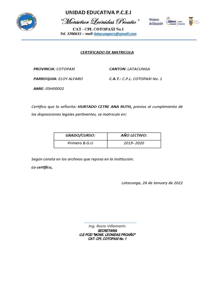 Certificado de Matricula 2018-2019 Primero de Bachillerato | PDF