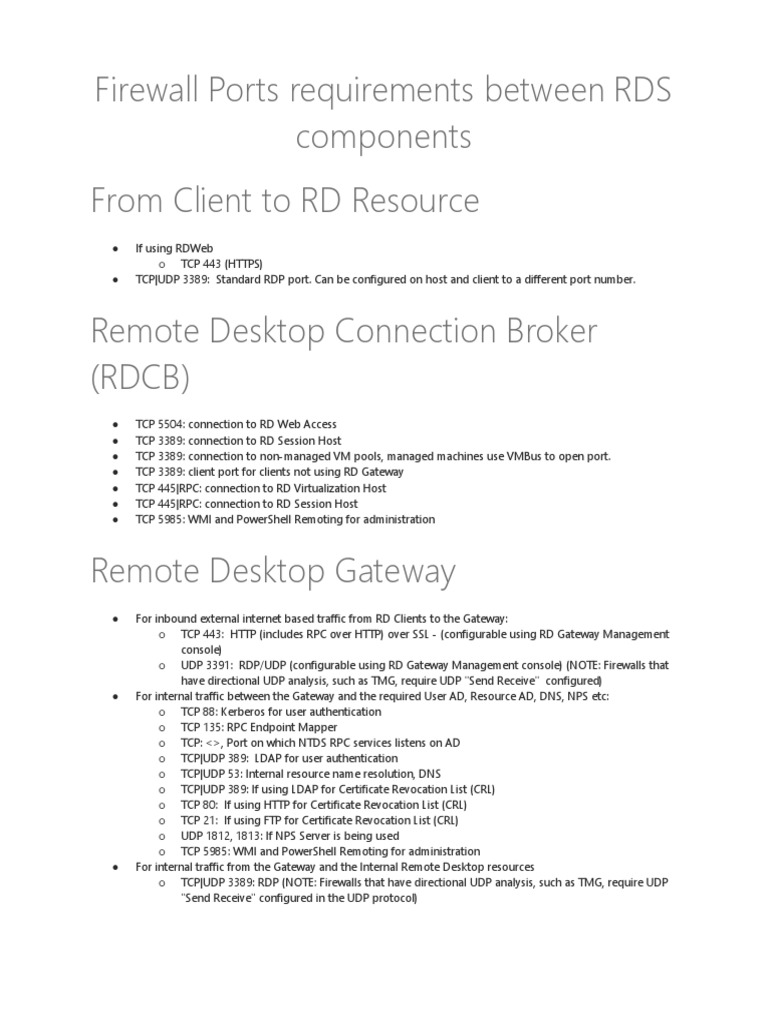 Firewall Ports Requirements Between RDS Components | PDF | Remote ...