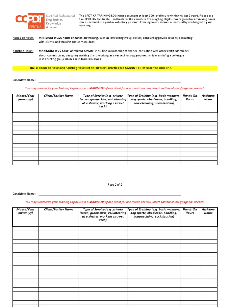 CPDT-KA training log guidelines | PDF
