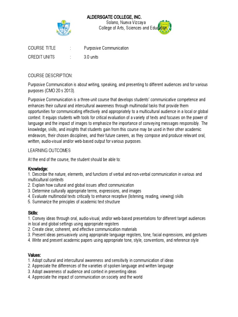 Purposive Communication Course Outline | PDF | Communication | Cross ...