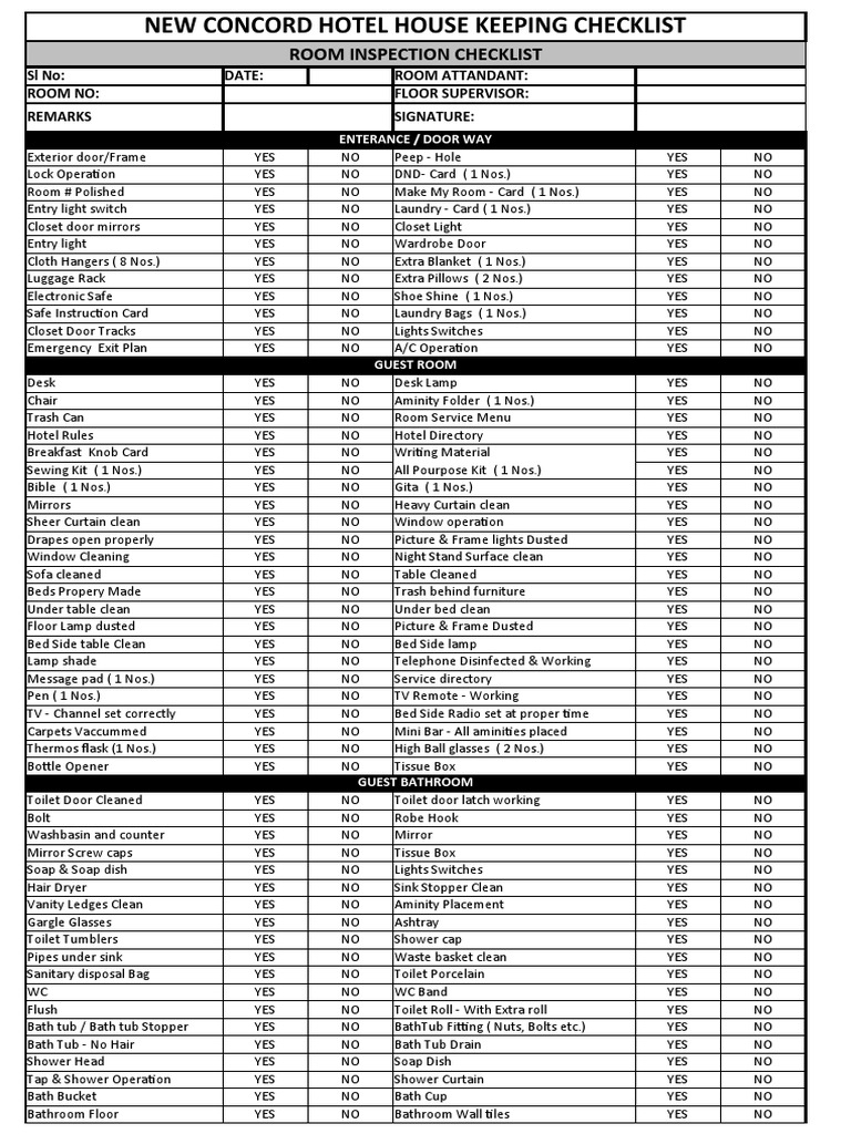 Room Inspection Checklist: SL No: Date: Room Attandant: Room No: Floor ...