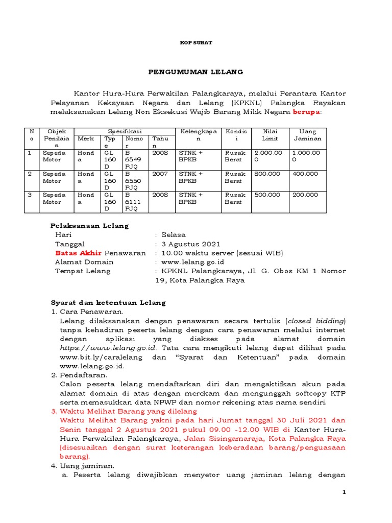 Contoh Pengumuman Lelang BMN | PDF