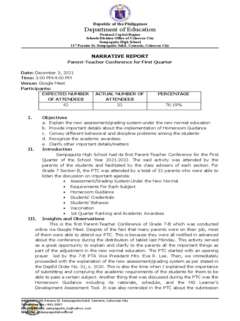 Parent Teacher Conference Narrative Report | PDF | Communication | Learning