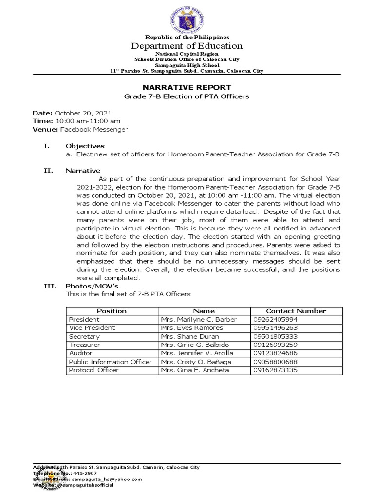 Parent Teacher Election Narrative Report | PDF | Computing ...