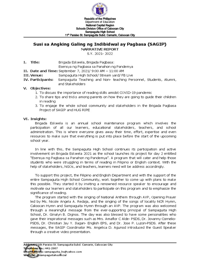 Brigada Eskwela Brigada Pagbasa Narrative Report | PDF