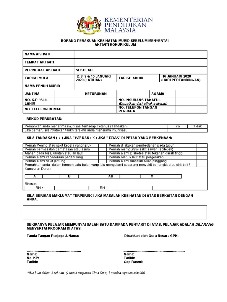 Borang Kesihatan Larian Mesra (Warna Putih) 2000 | PDF