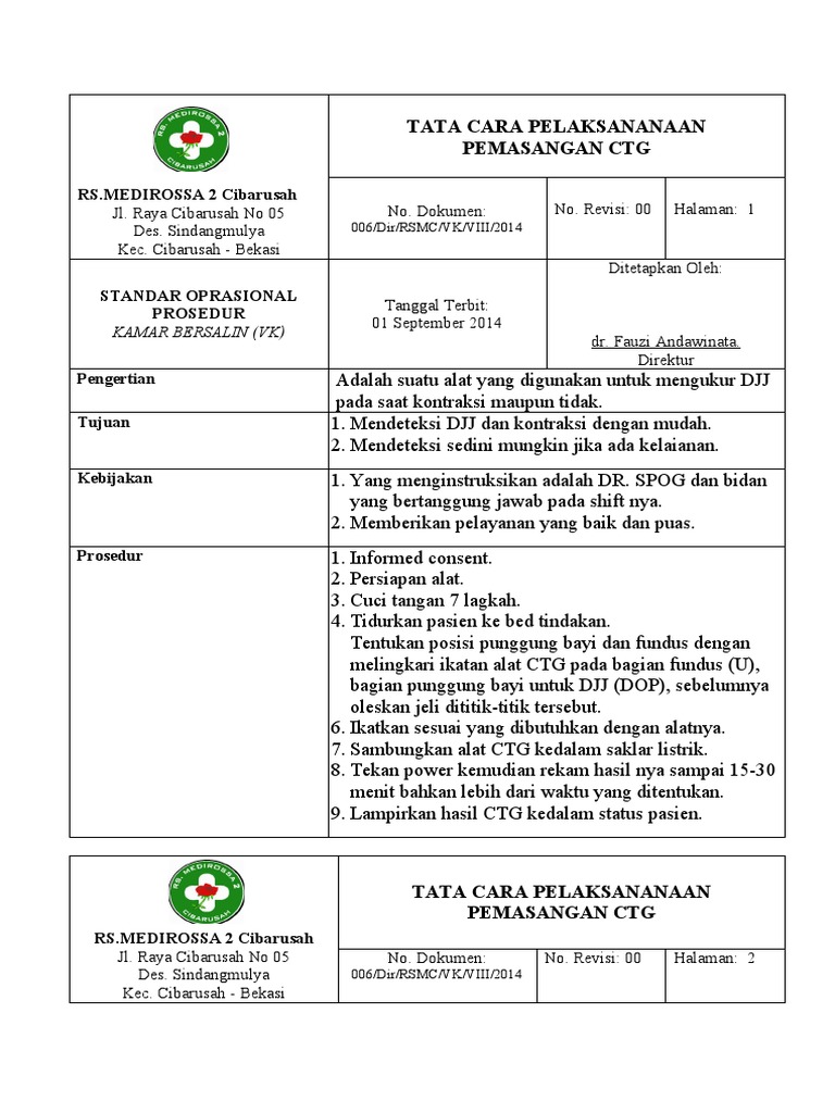 No-006 Sop Tata Cara Pelaksananaan Pemasangan CTG | PDF