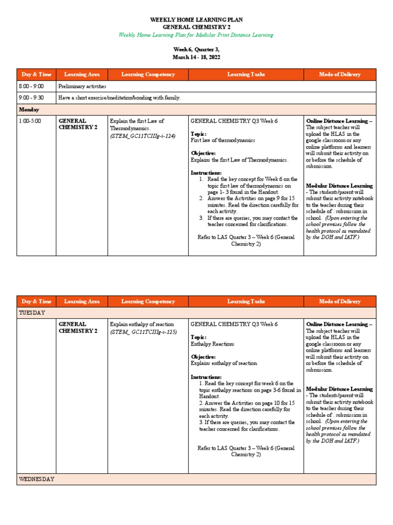 General Chemistry 2 Weekly Plan Q3 W6 | PDF | Distance Education ...
