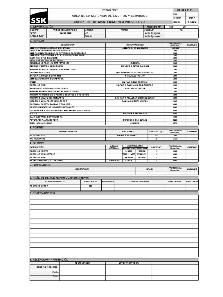 Check List MP Torre Luminaria TEREX RL4 | PDF | Vehículos