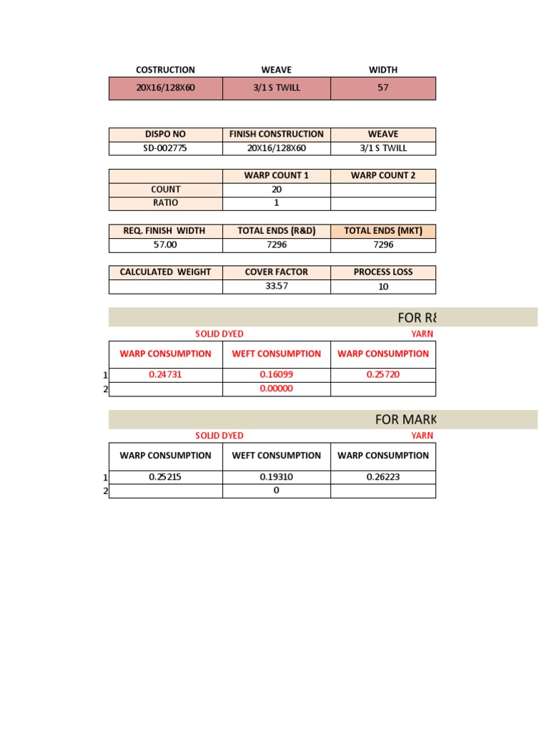 Yarn Consumption + Costing Calculation | PDF | Weaving | Woven Fabrics Yarn Consumption + Costing Calculation | PDF | Weaving | Woven Fabrics