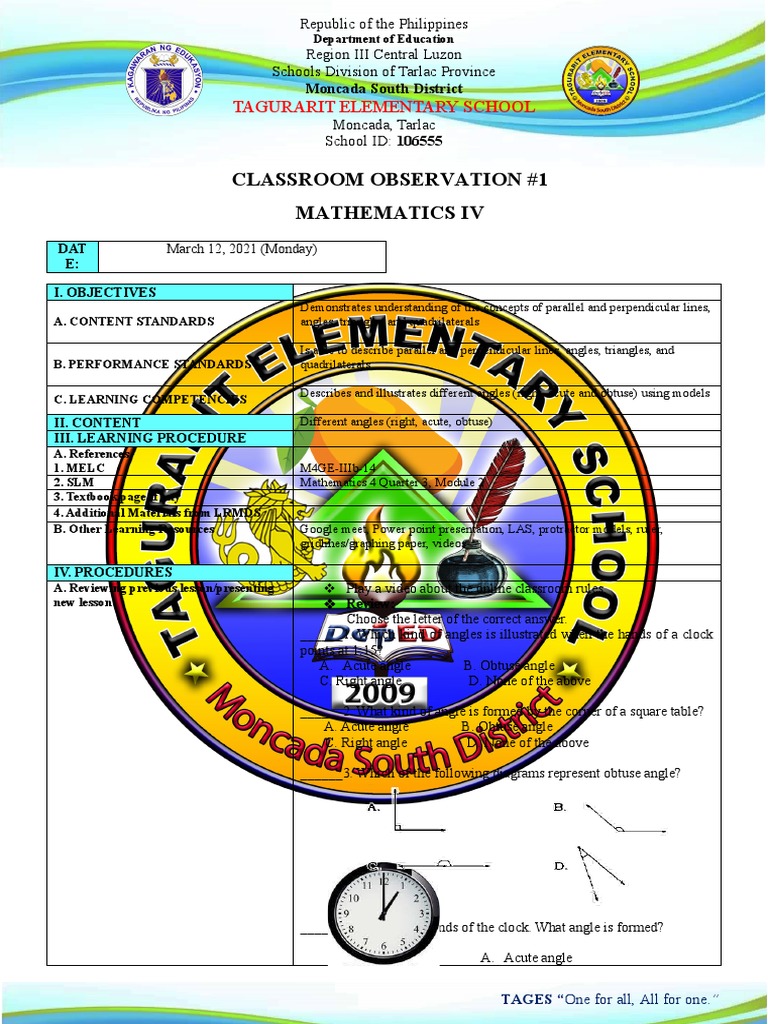 Classroom Observation #1 Mathematics Iv: Tagurarit Elementary School ...