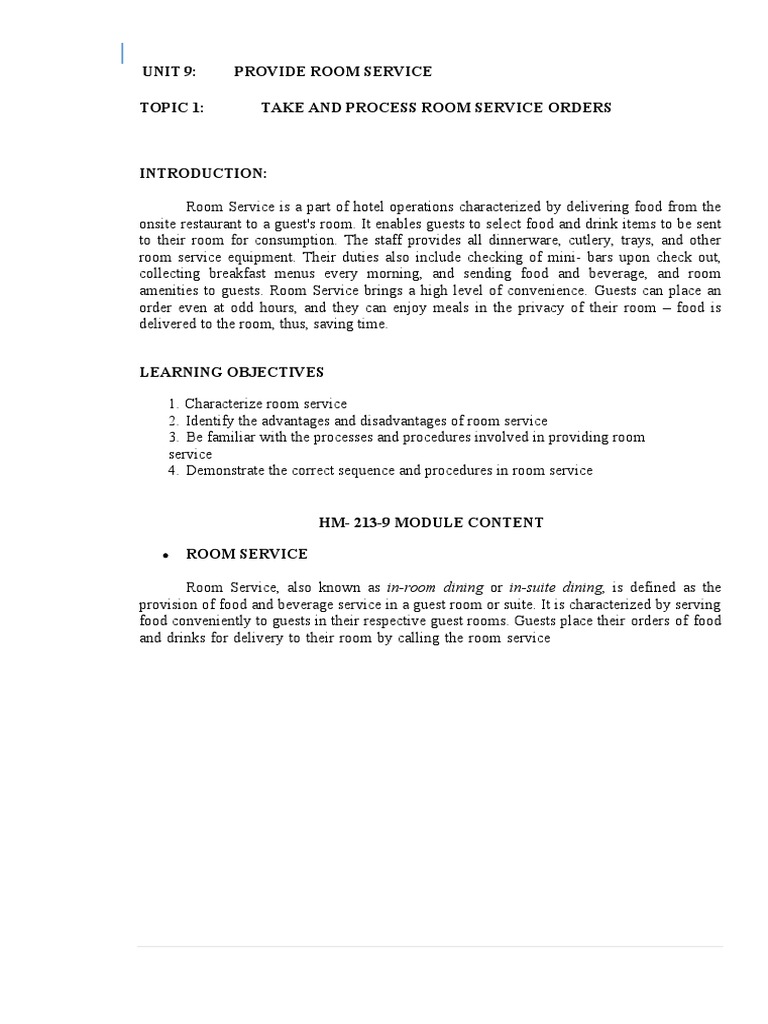 Unit 9 Provide Room Service (1) .Docx New - Docx New | PDF | Cooking ...