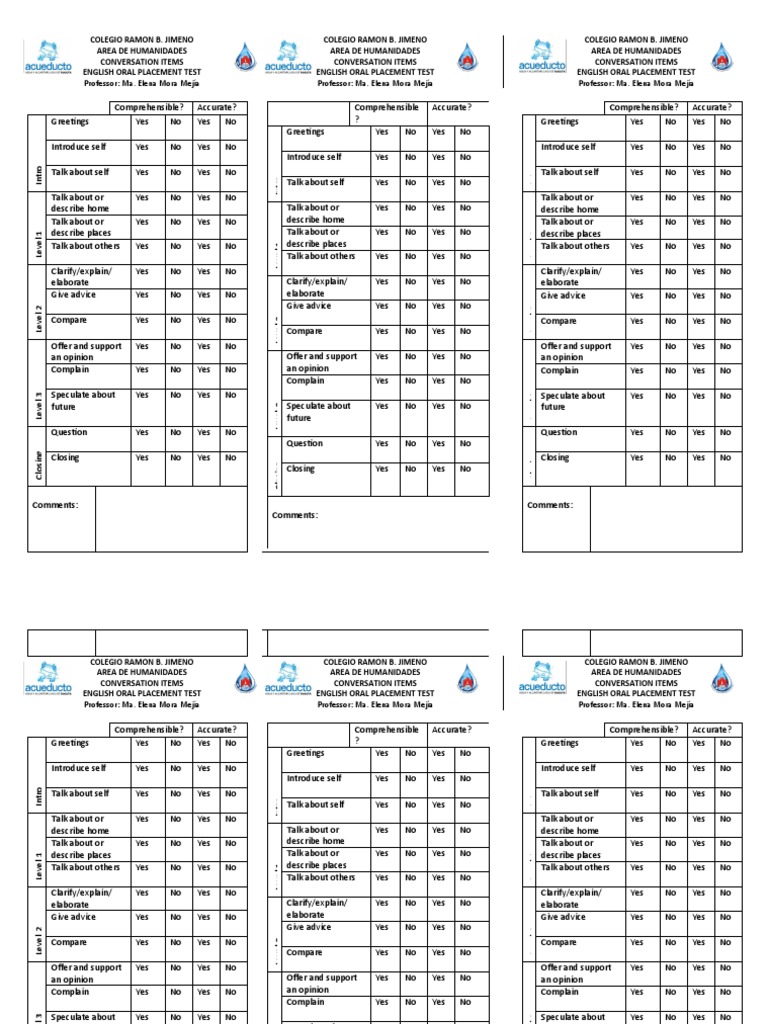 Placement Oral Test New Interchange Rating Form | PDF | Language Arts ...